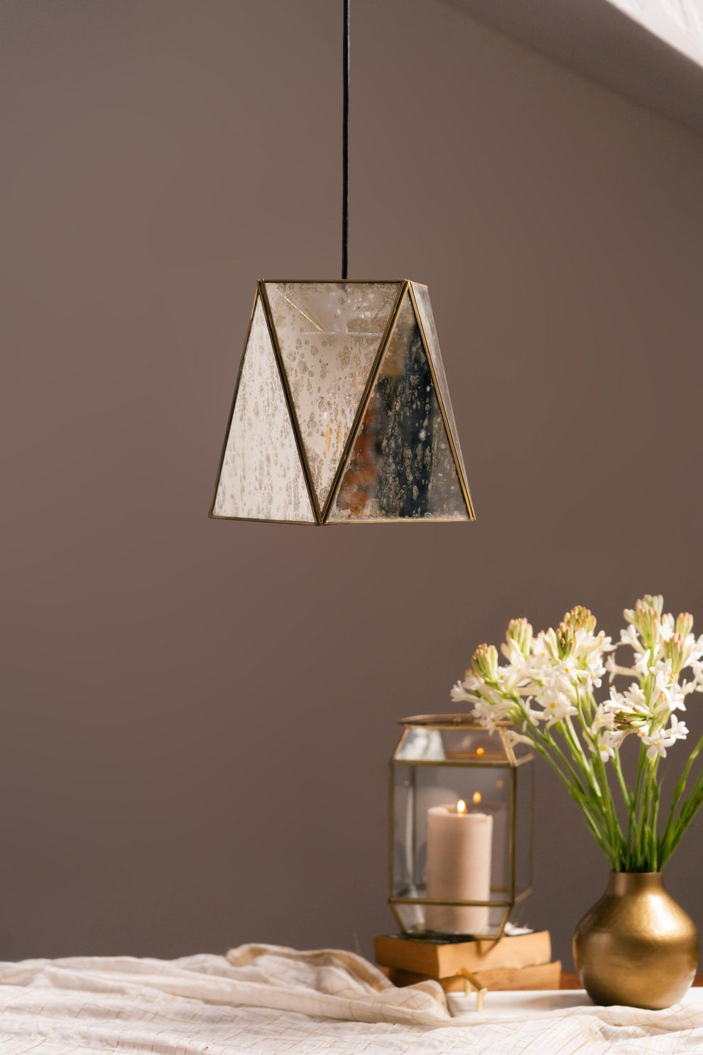 Chandni Narrow Hexagon Mottled Glass Lamp - Antique Bronze