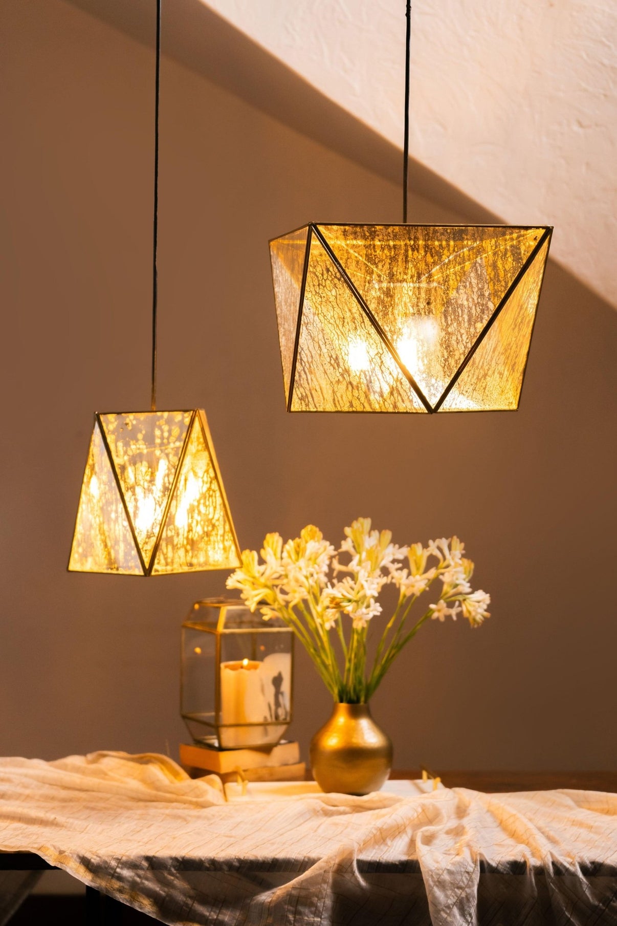 Chandni Narrow Hexagon Mottled Glass Lamp - Antique Bronze